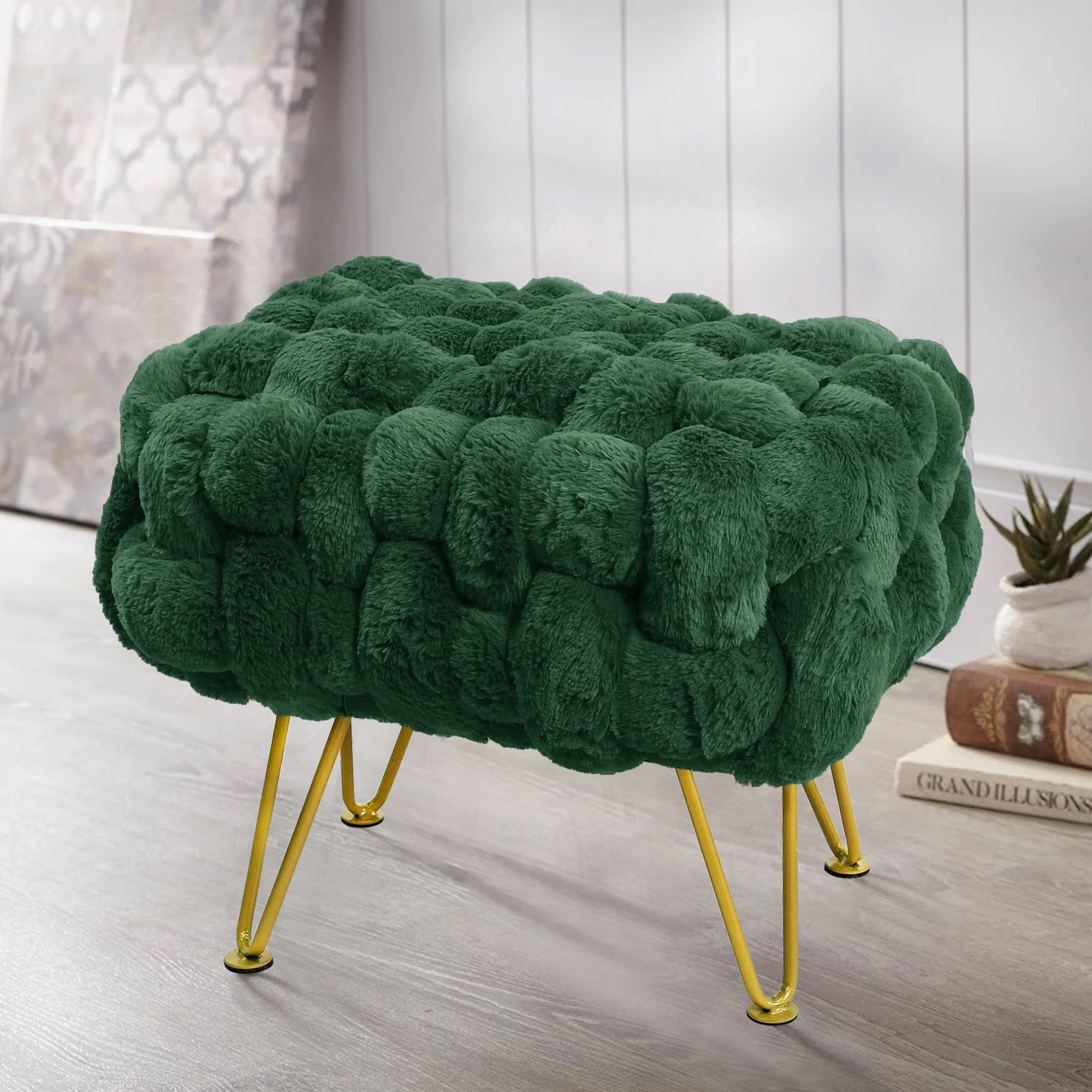 Home Soft Things Ottoman - Faux Fur Pouf Stool - Dark Green - 27x20x20 ...