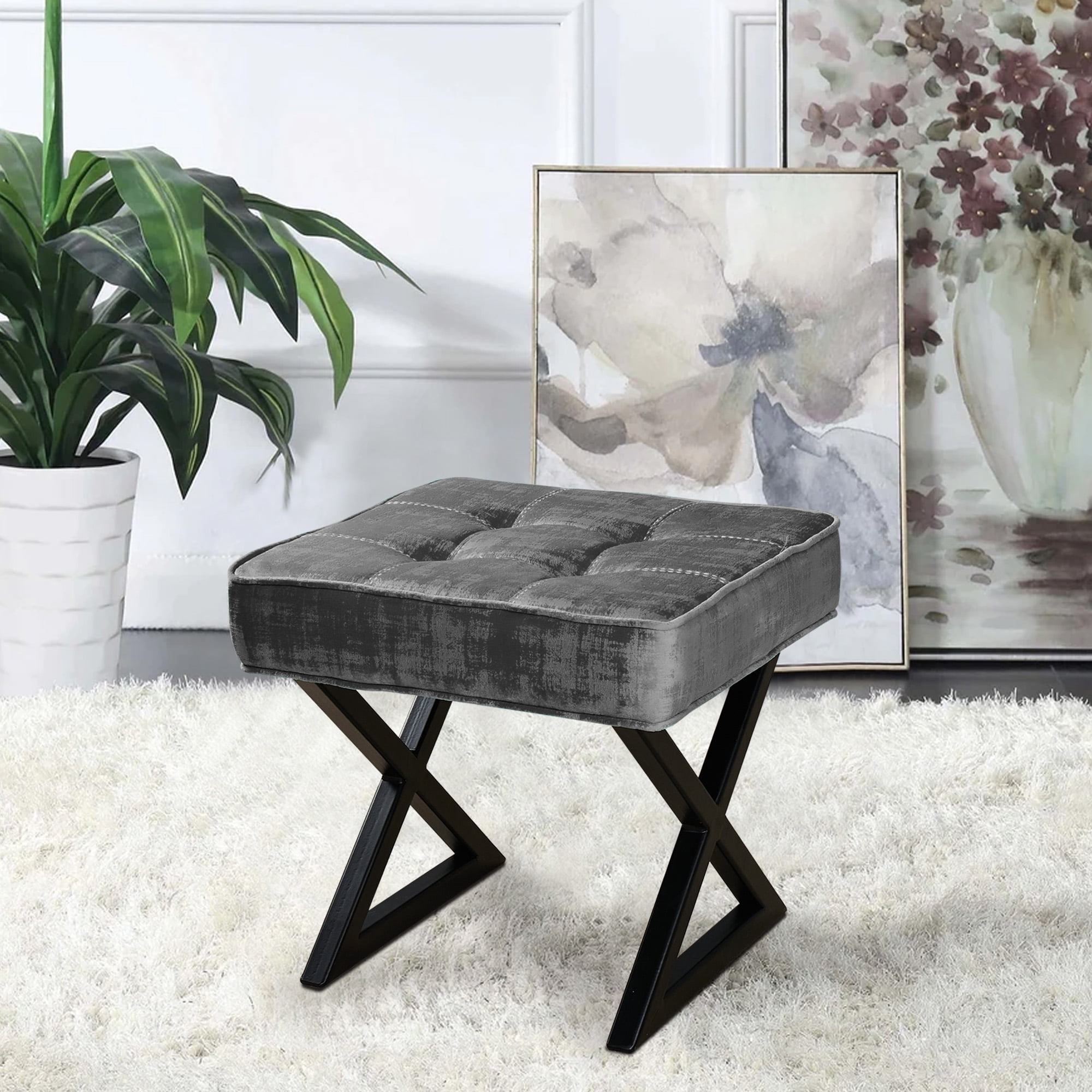 Home Soft Things Faux Fur Textured Velvet Vanity Stool Ottoman for Bedroom & Living Room ...