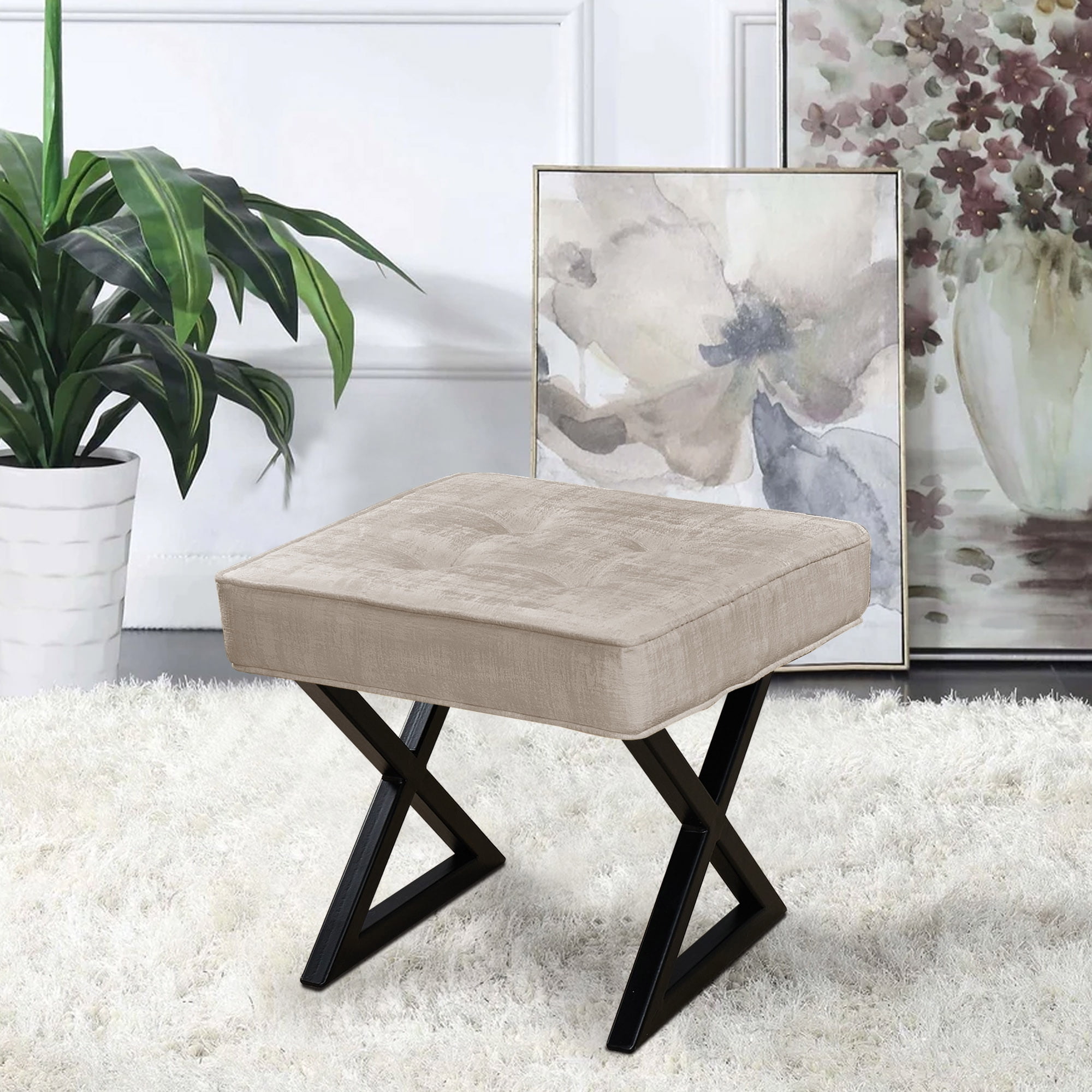 Home Soft Things Simple Taupe Textured Velvet Vanity Stool Ottoman ...