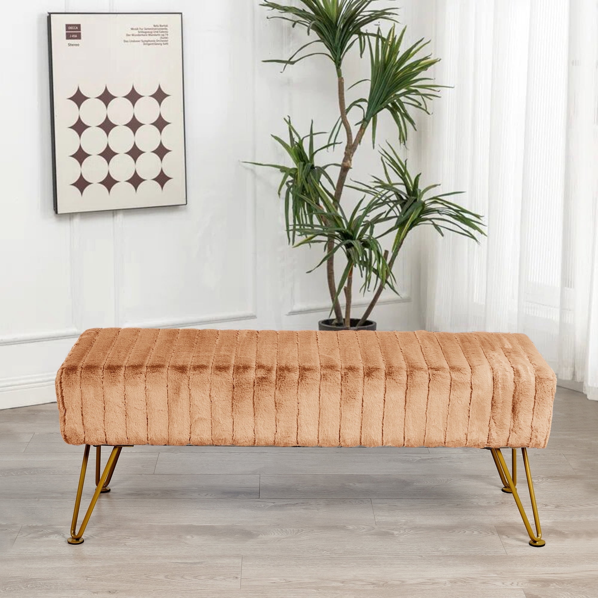 Home Soft Things Super Soft Faux-Fur Upholstered Bench Ottoman, Honey ...