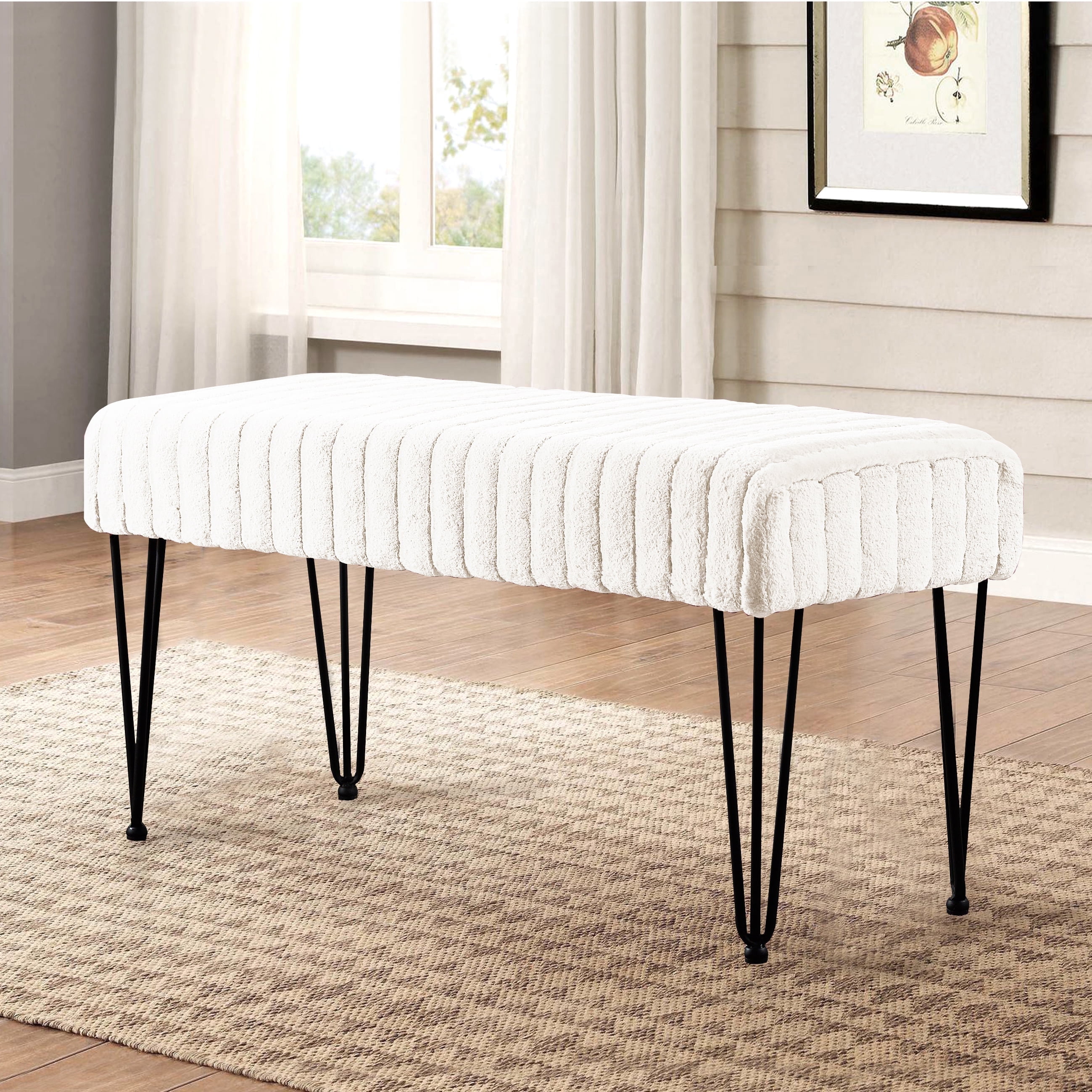 Home Soft Faux Fur Stool Ottoman, Black Metal Legs, Padded Seat, Bright ...