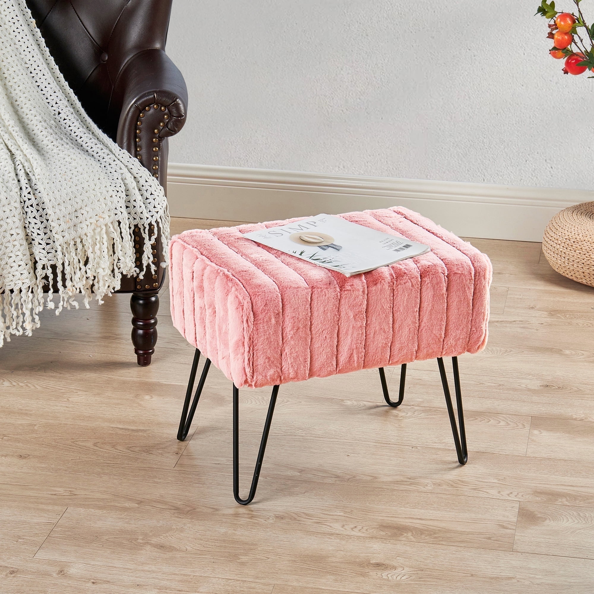 Home Soft Things Super Soft Faux-Fur Upholstered Stool Ottoman, Peach ...