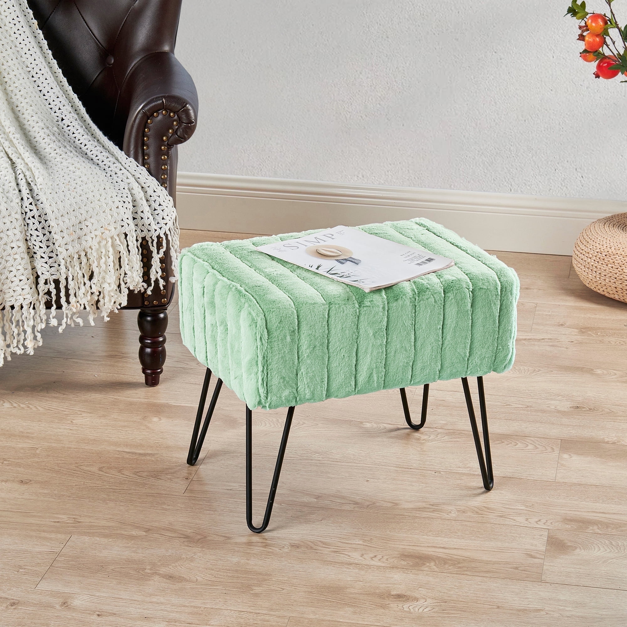 Home Soft Things Super Soft Faux-Fur Upholstered Stool Ottoman, Sea ...