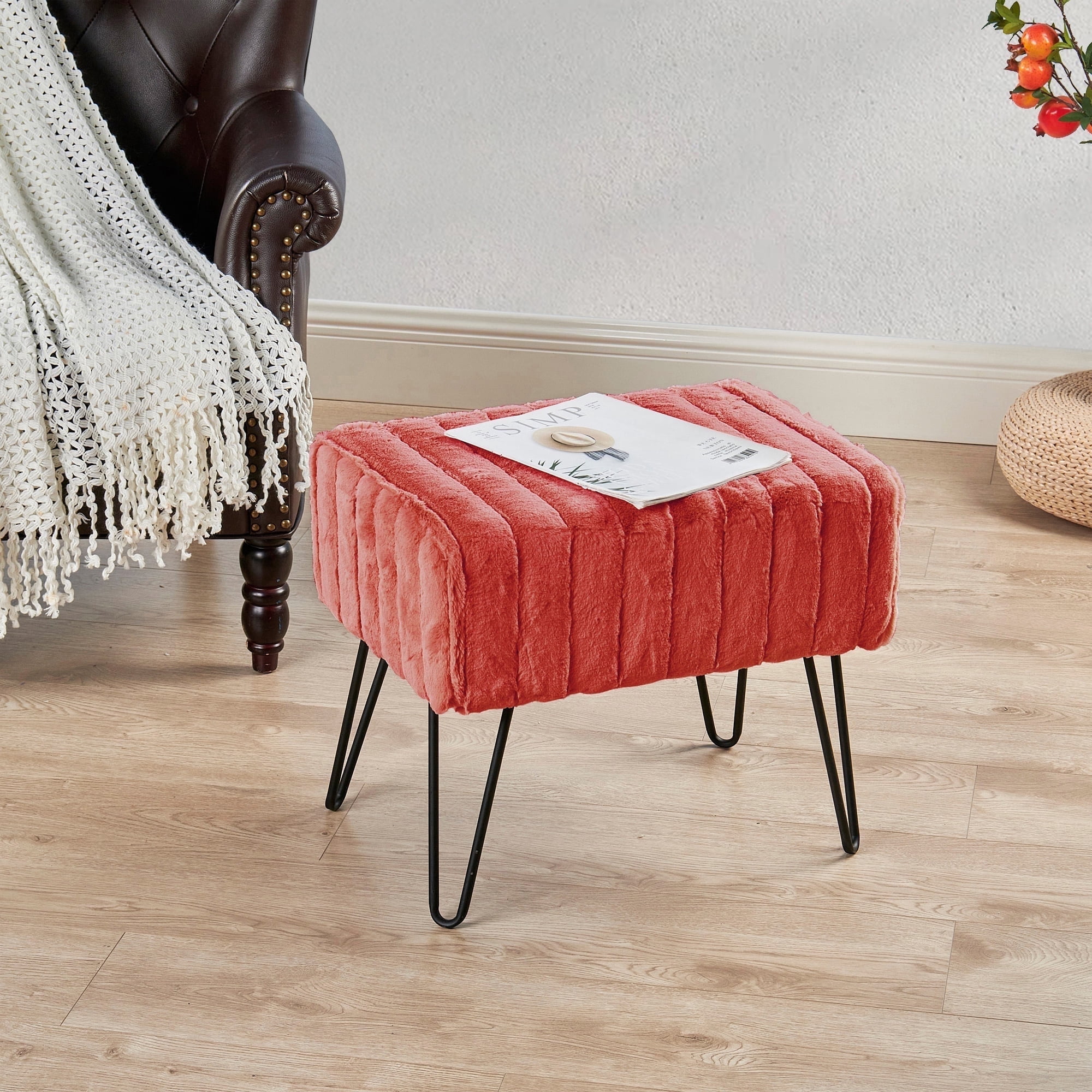 Home Soft Things Super Soft Faux-Fur Upholstered Stool Ottoman, Sugar ...