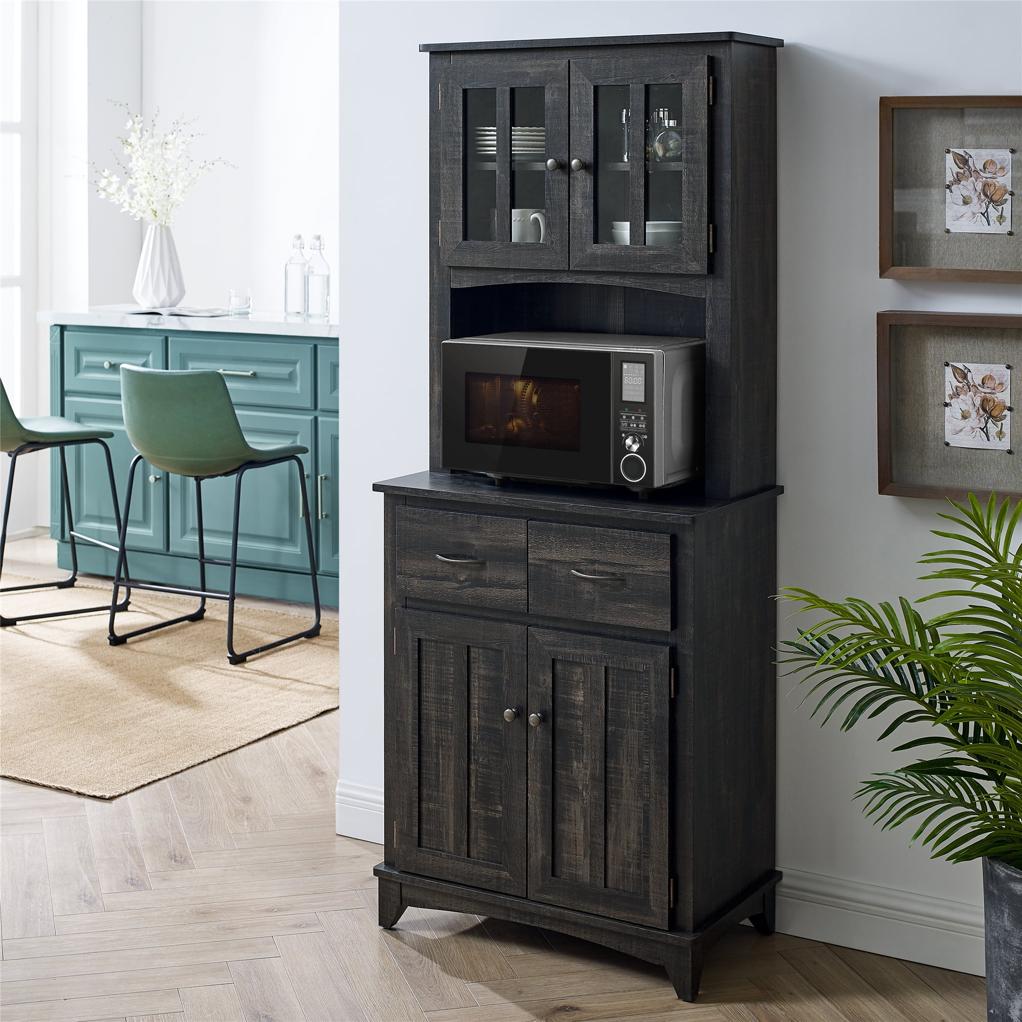 Home Source Charcoal Microwave Stand with Top and Bottom Cabinets ...