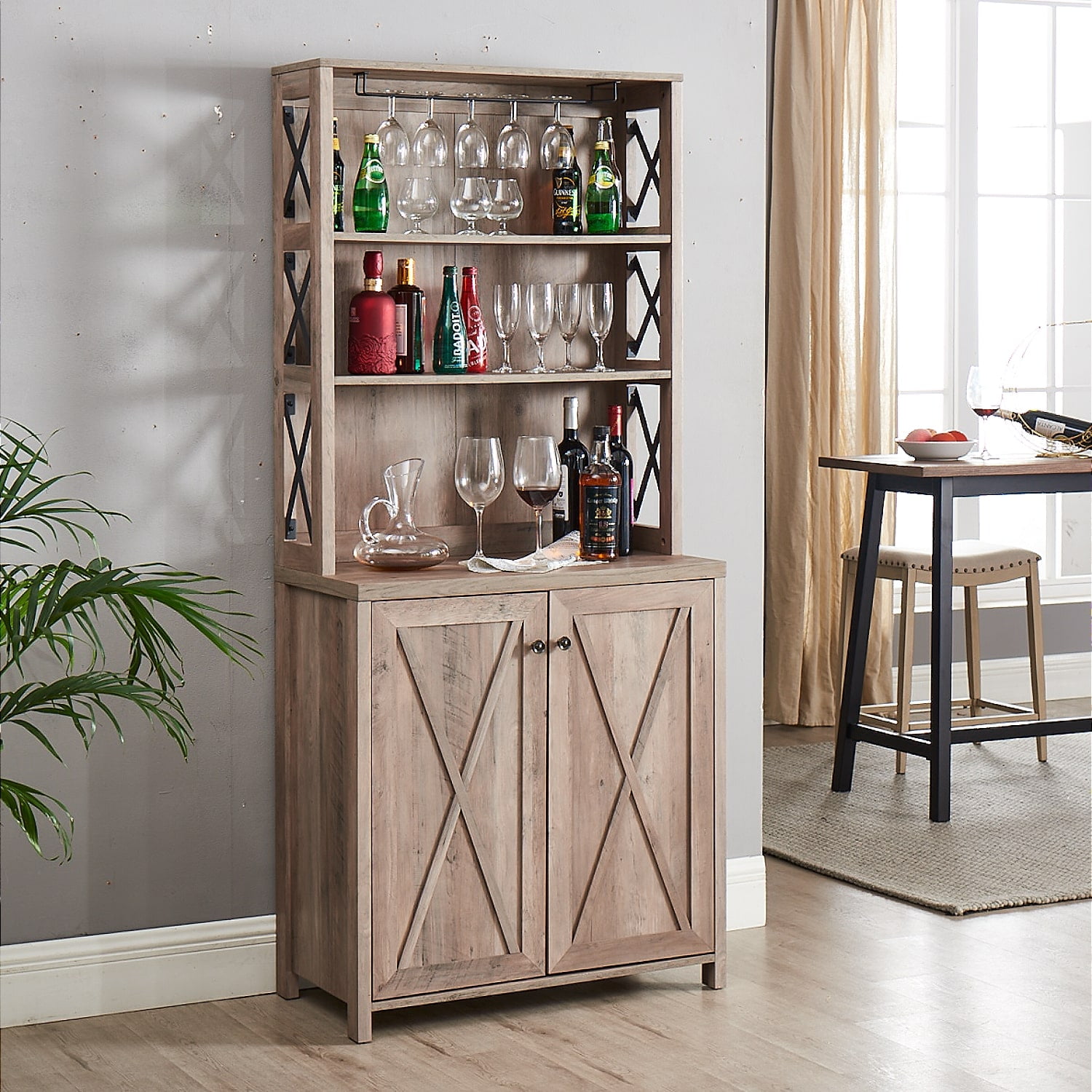 Home Source Grey Bar Cabinet | Wine Rack, Cupboard, Kitchen Cabinet ...
