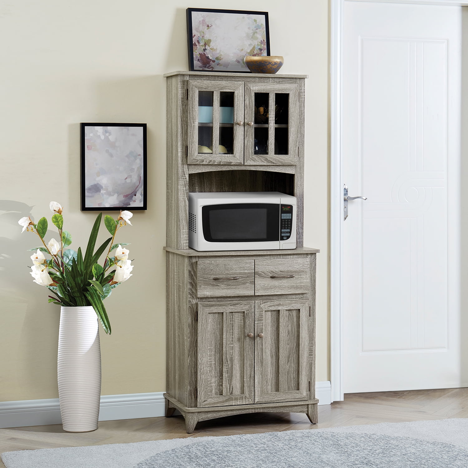 Home Source Gray Wooden Microwave Stand with Top & Bottom Cabinets ...