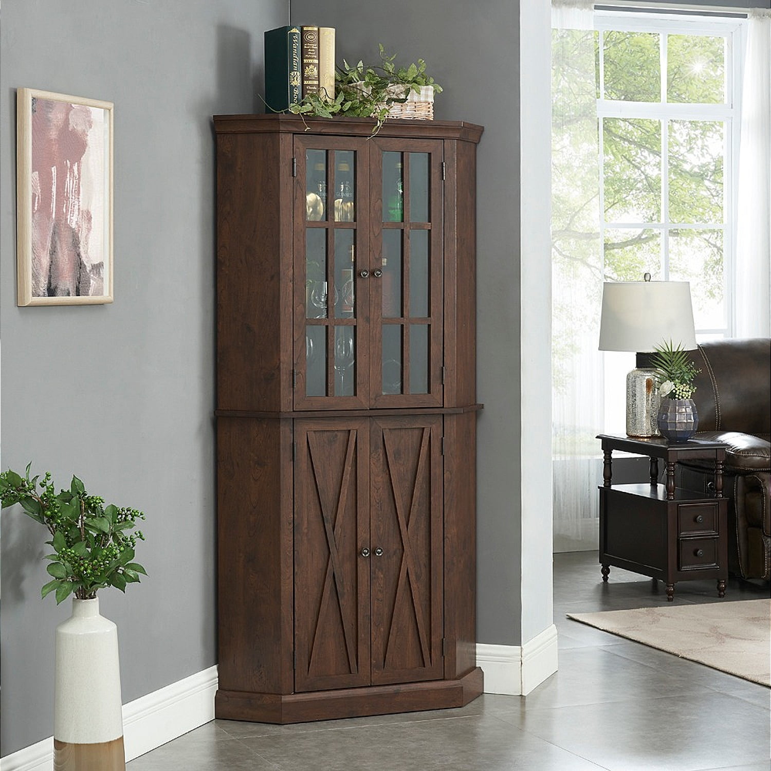 Home Source Mahogany Enclosed Corner Cabinet: Multipurpose Tall Storage ...