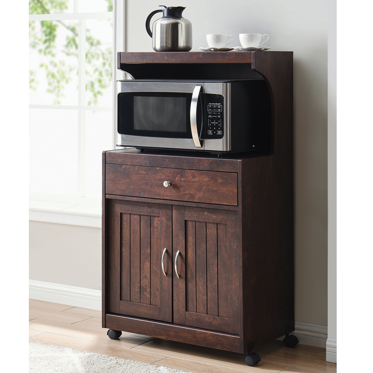 Home Source Mahogany Microwave Cart with Double Door Cabinet 1 Drawer and Top Shelf