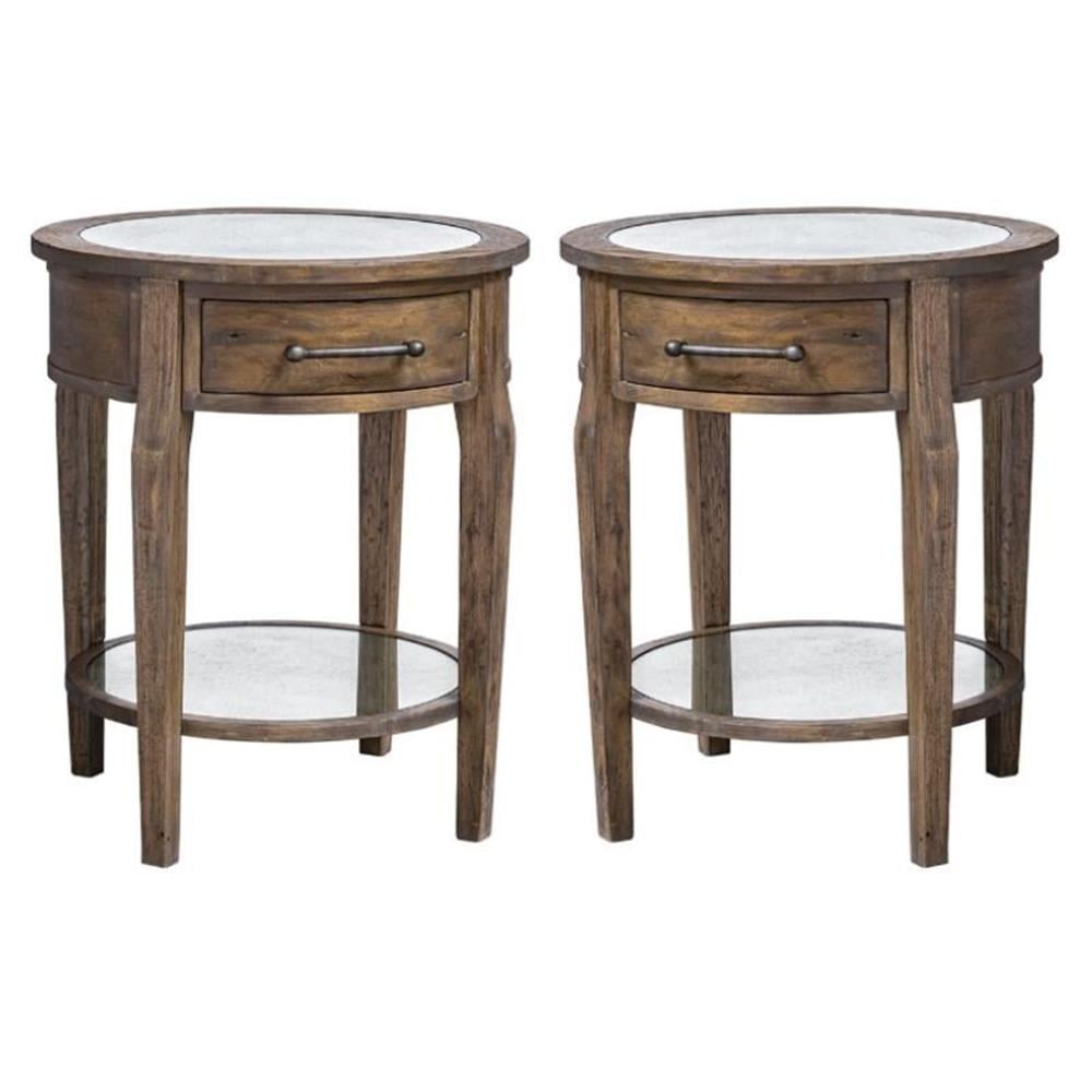 Home Square 1 Drawer Mirrored Top End Table in Weathered Pecan - Set of ...