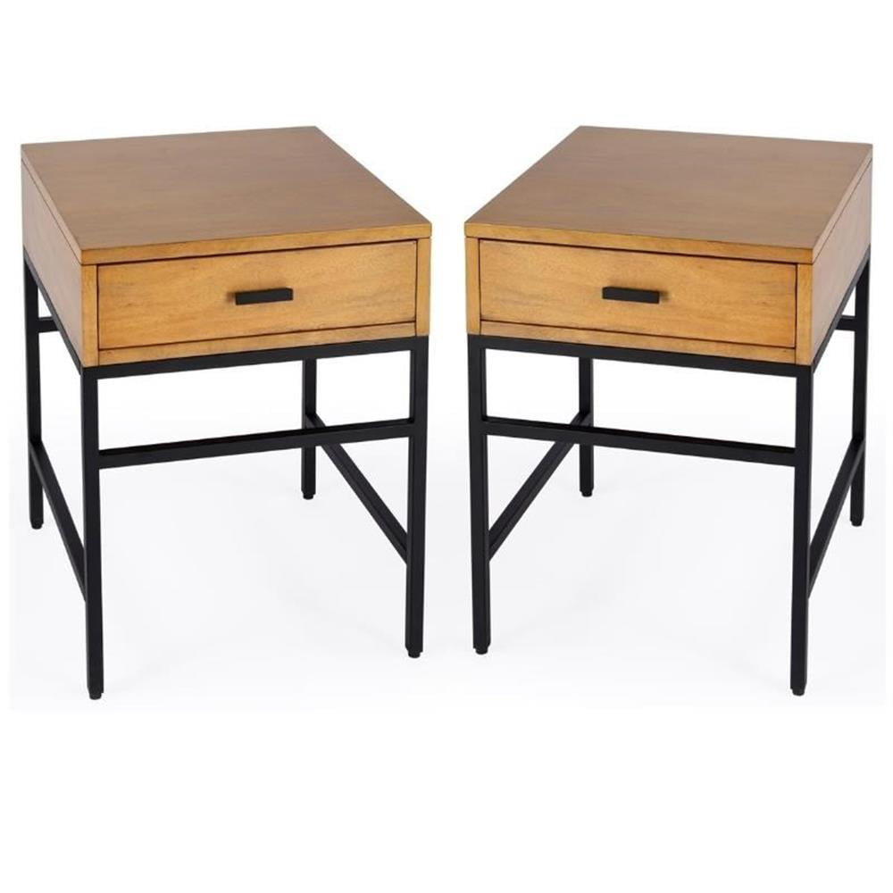 Home Square 1-Drawer Natural Wood and Iron End Table - Set of 2 ...