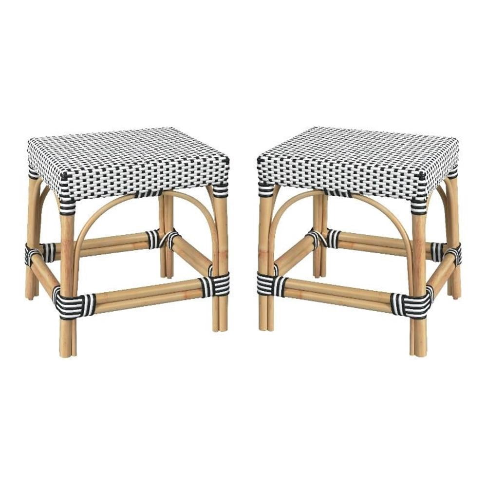 Home Square 18" Rattan Rectangular Dining Stool in White & Black - Set ...