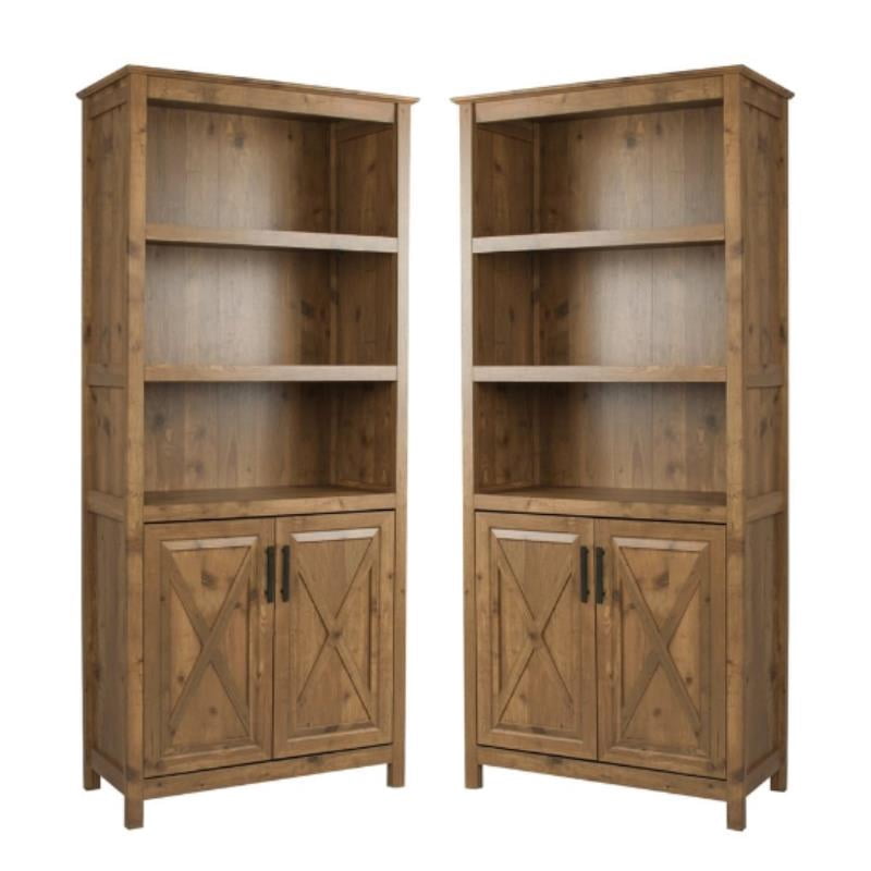 Home Square 2-Door Farmhouse Wood Bookcase in Rustic Brown - Set of 2 ...