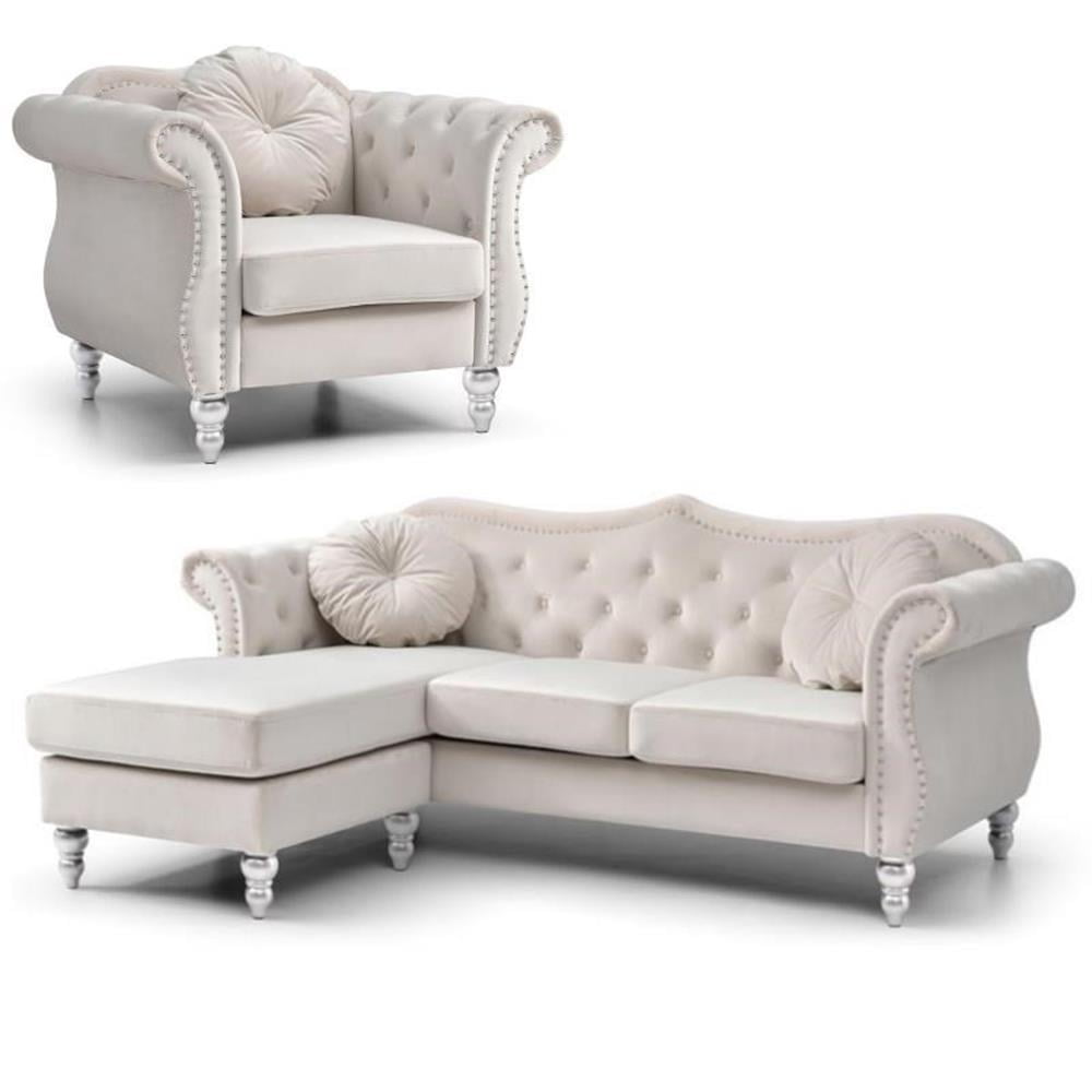Home Square 2-Piece Furniture Set with Sofa Chaise and Chair in Ivory ...