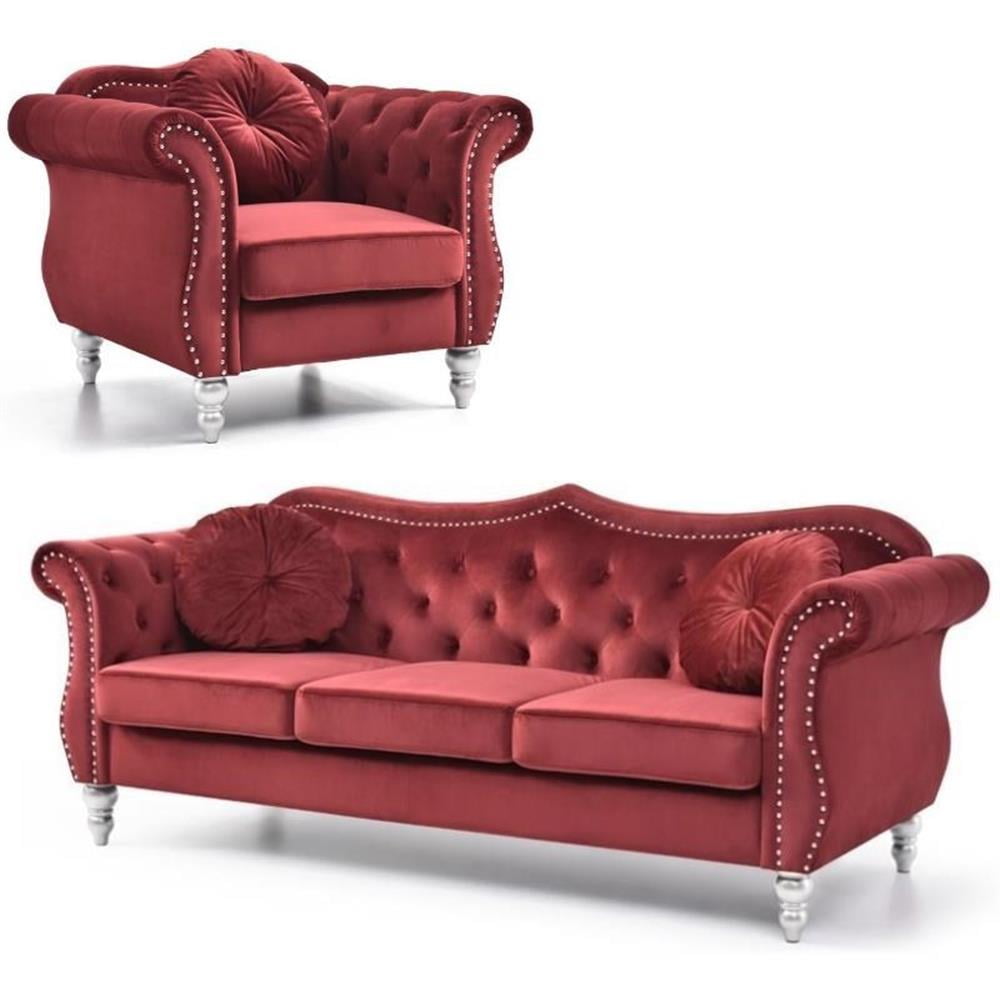 Home Square 2-Piece Furniture Set with Sofa and Chair in Burgundy ...