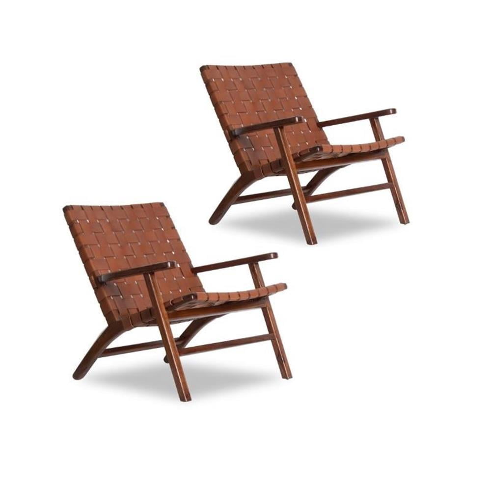 Home Square 2 Piece Mid Century Genuine Leather Accent Chair Set in ...