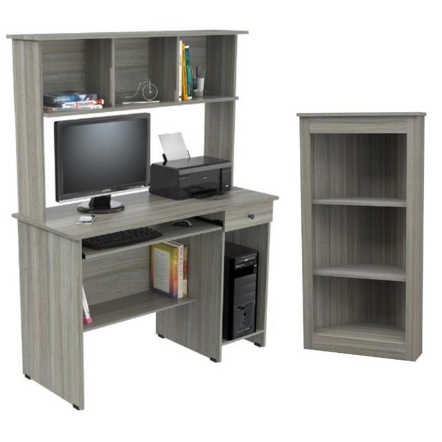 Home Square 2-Piece Set with Computer Desk Hutch & Bookcase in Gray ...