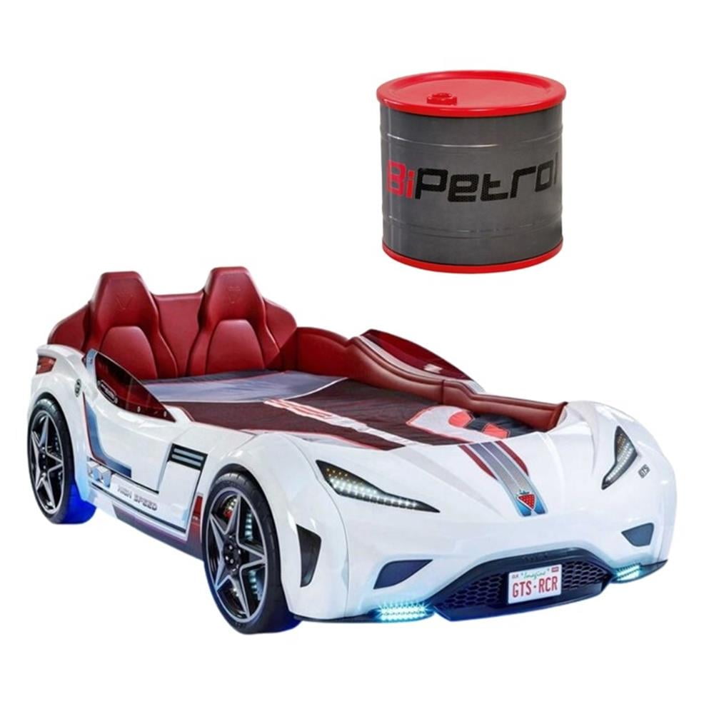 Home Square 2 Piece Set with GTS Wood Twin Race Car Bed in White and ...