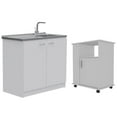 Home Square 2-Piece Set with White Utility Sink Cabinet & Kitchen Service Cart with Microwave ...