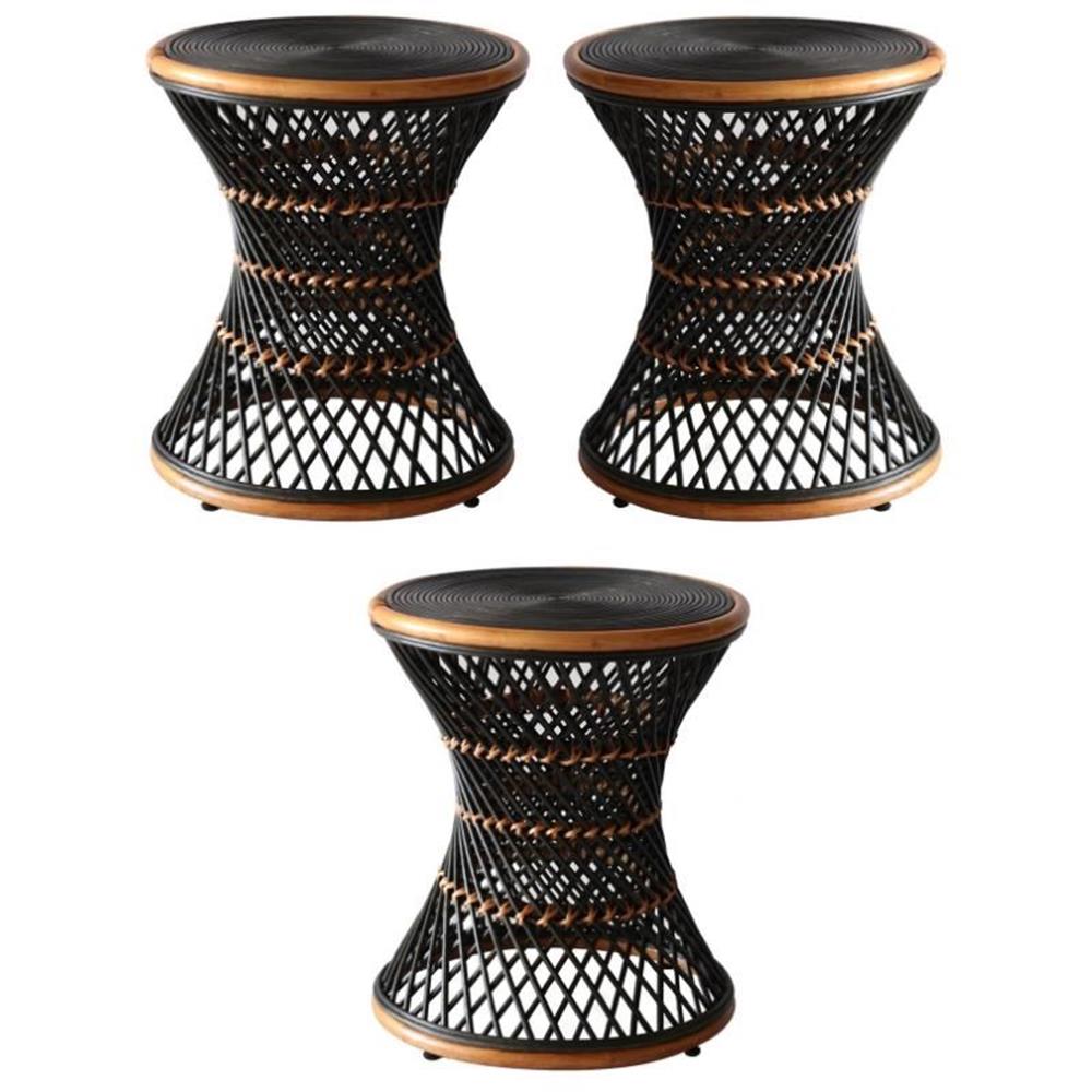 Home Square 20" Modern Round Rattan Stool in Black - Set of 3 - Walmart.com