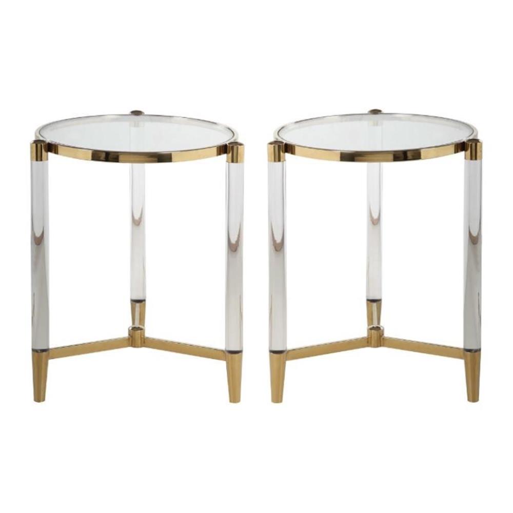 Home Square 20" Round Tempered Glass Lamp Table in Clear & Brass - Set ...