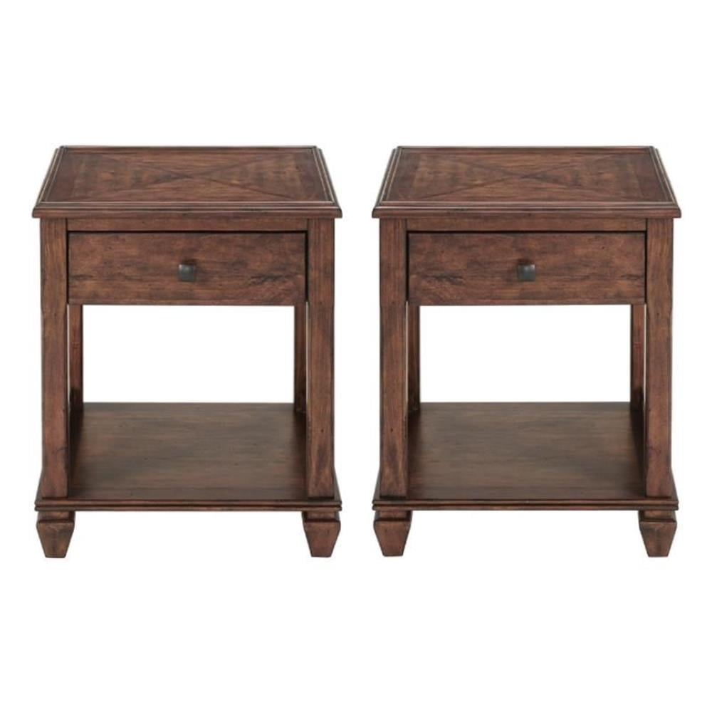 Home Square 21" Square Wood End Table with Drawer in Cherry - Set of 2 ...