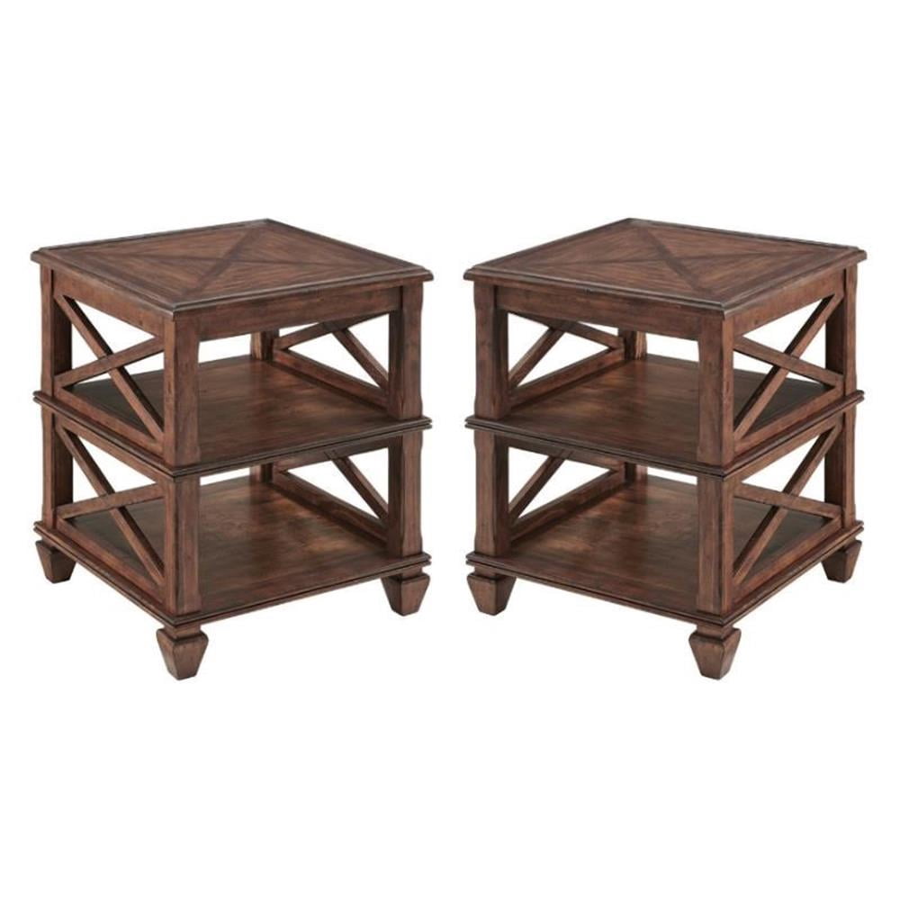 Home Square 21" Square Wood End Table with Two Shelves in Cherry - Set ...