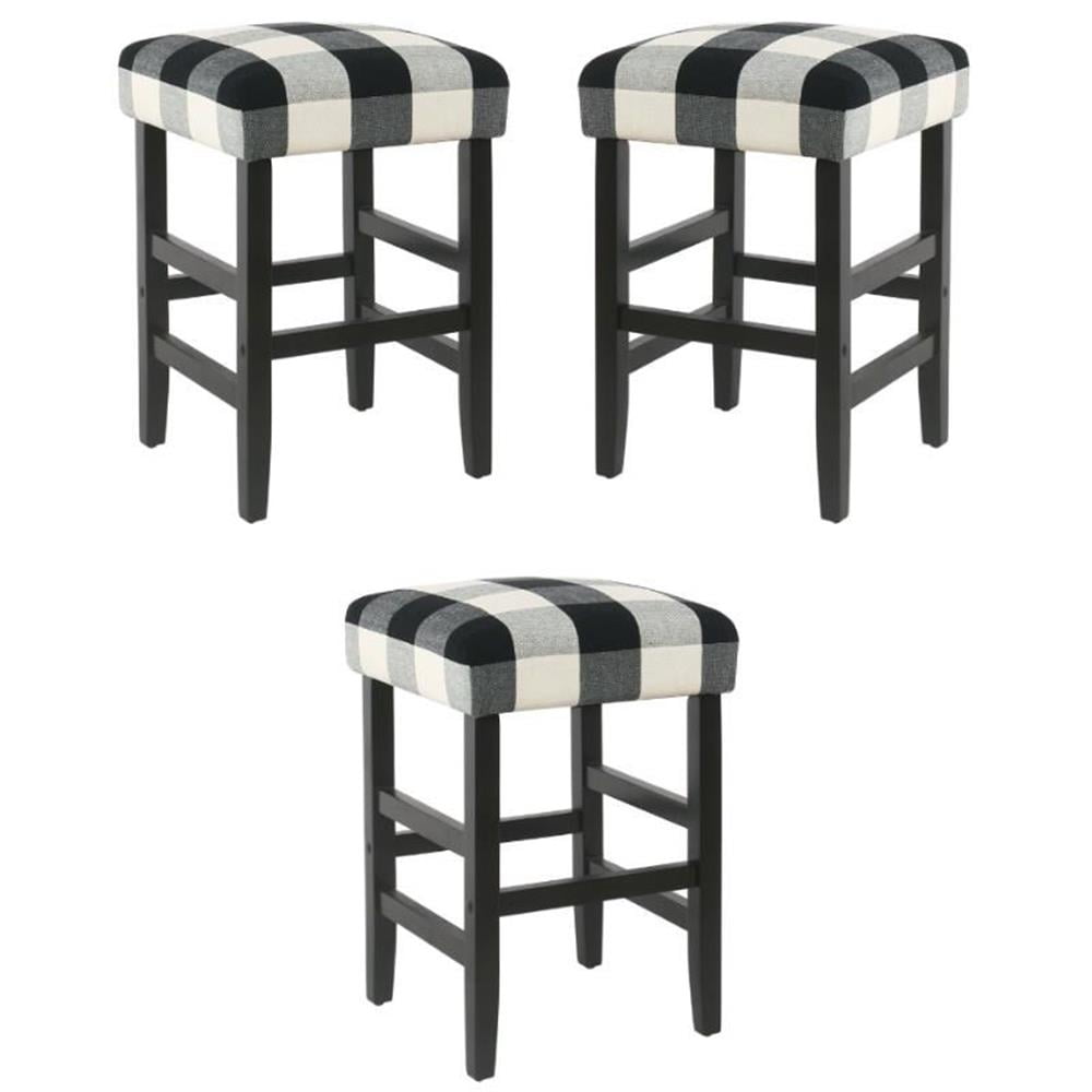 Home Square 24.5" Square Fabric Plaid Pattern Counter Stool in Black ...