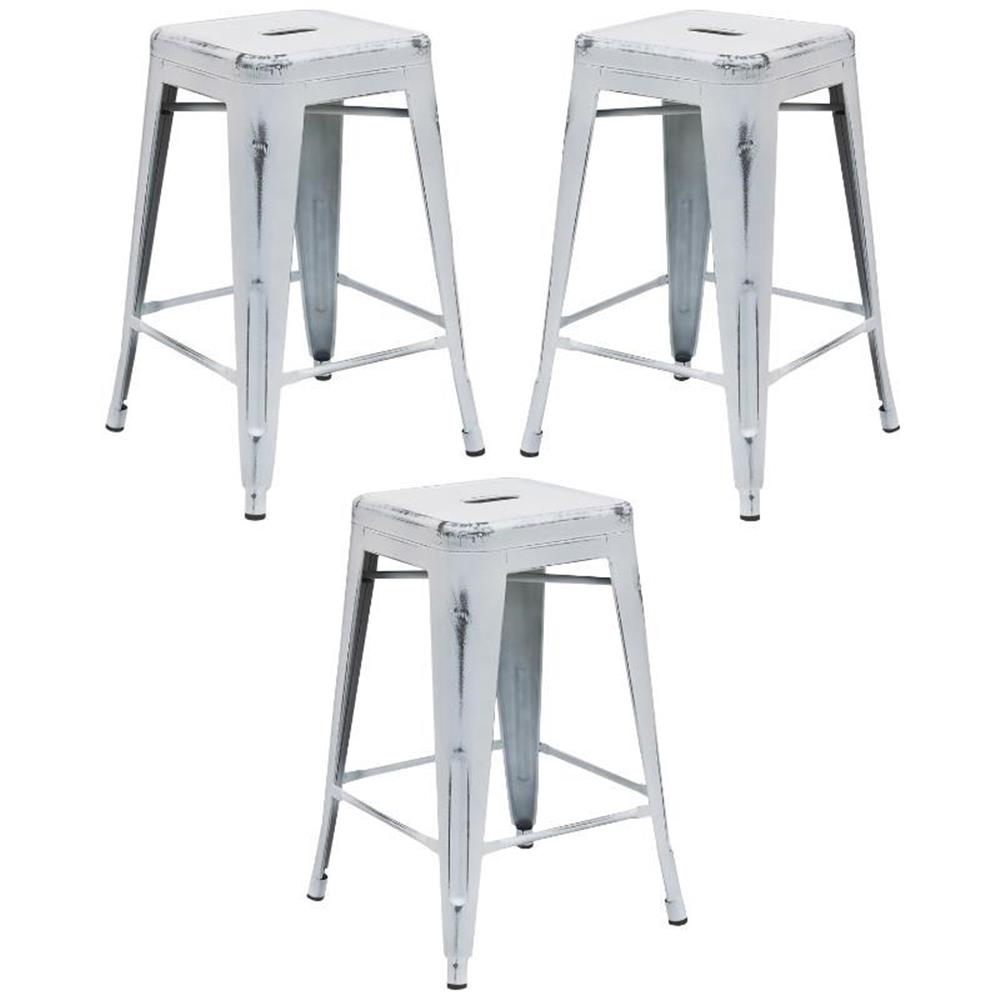 Home Square 24" Metal Backless Counter Stool in Distressed White - Set ...