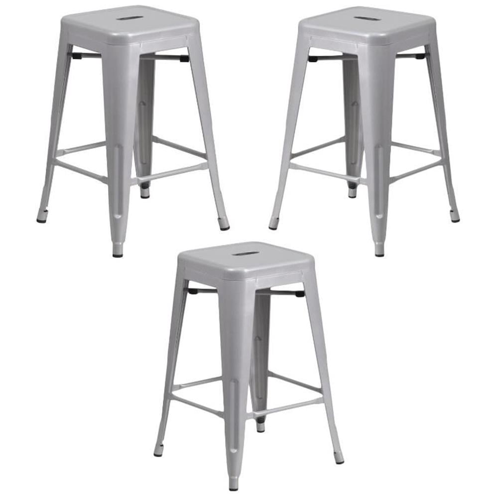 Home Square 24" Metal Backless Counter Stool in Silver - Set of 3 ...