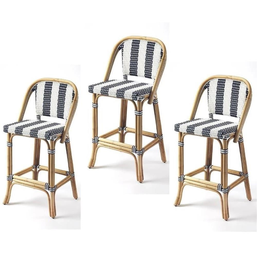 Home Square 3 Piece Lila Stripe Rattan Bar Stool Set in Blue and White ...