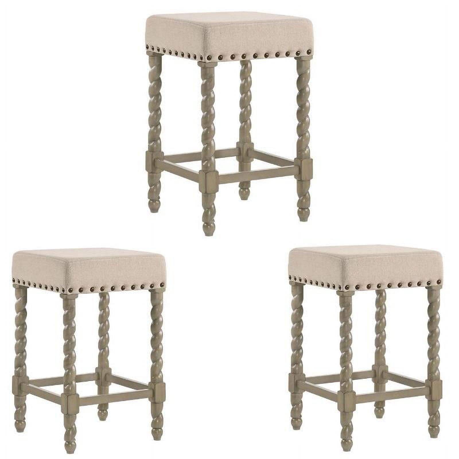 Home Square 3 Piece Linen Counter Stool Set with Wood Base in Weathered ...