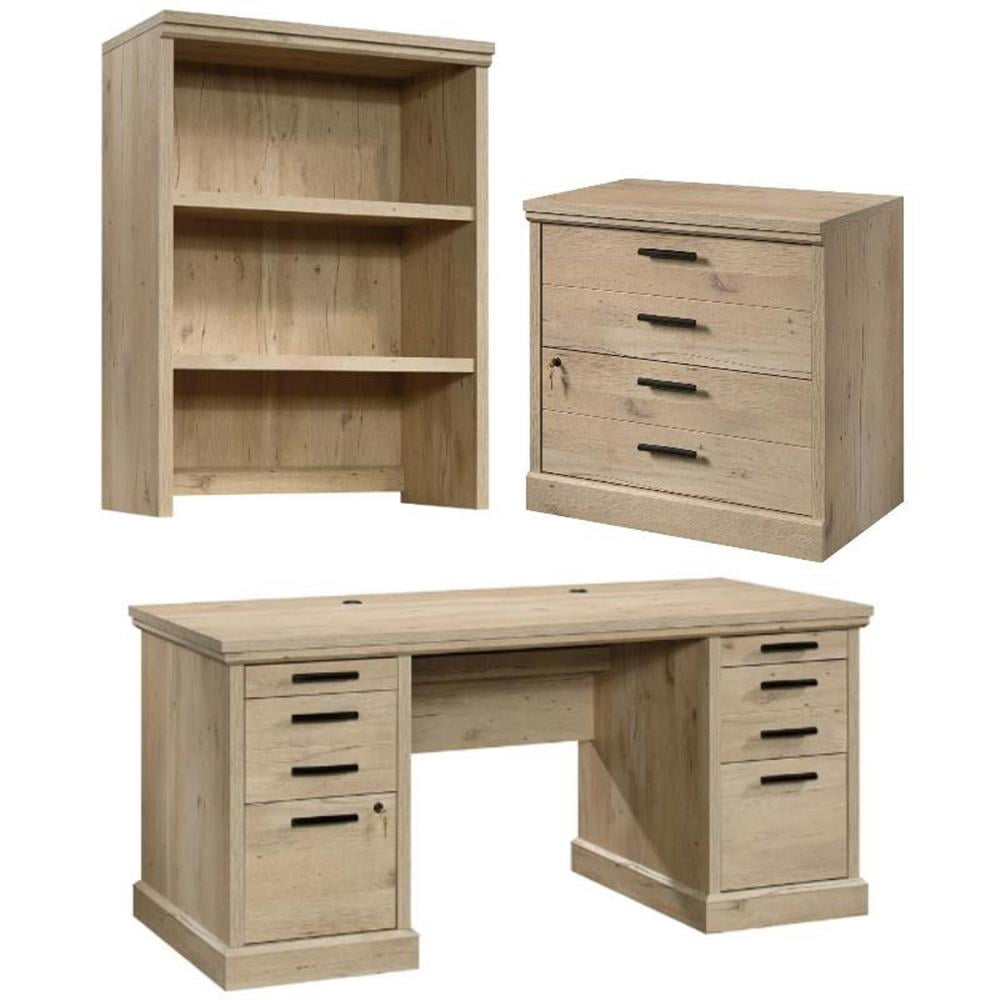 Home Square Executive Desk with Hutch and Lateral File Cabinet, Oak ...