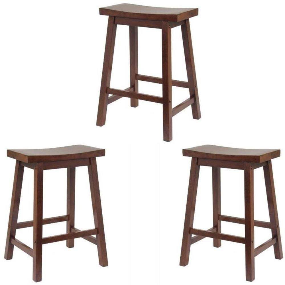 Home Square 3 Piece Solid Wood Saddle Seat Counter Stool Set in Antique ...