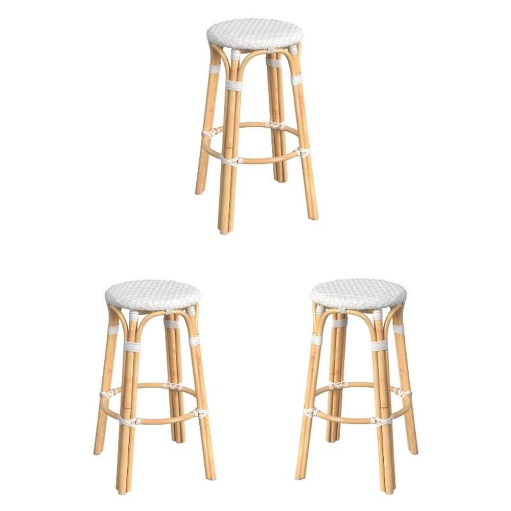 Home Square 30" Round Rattan Bar Stool in Glossy White - Set of 3 ...