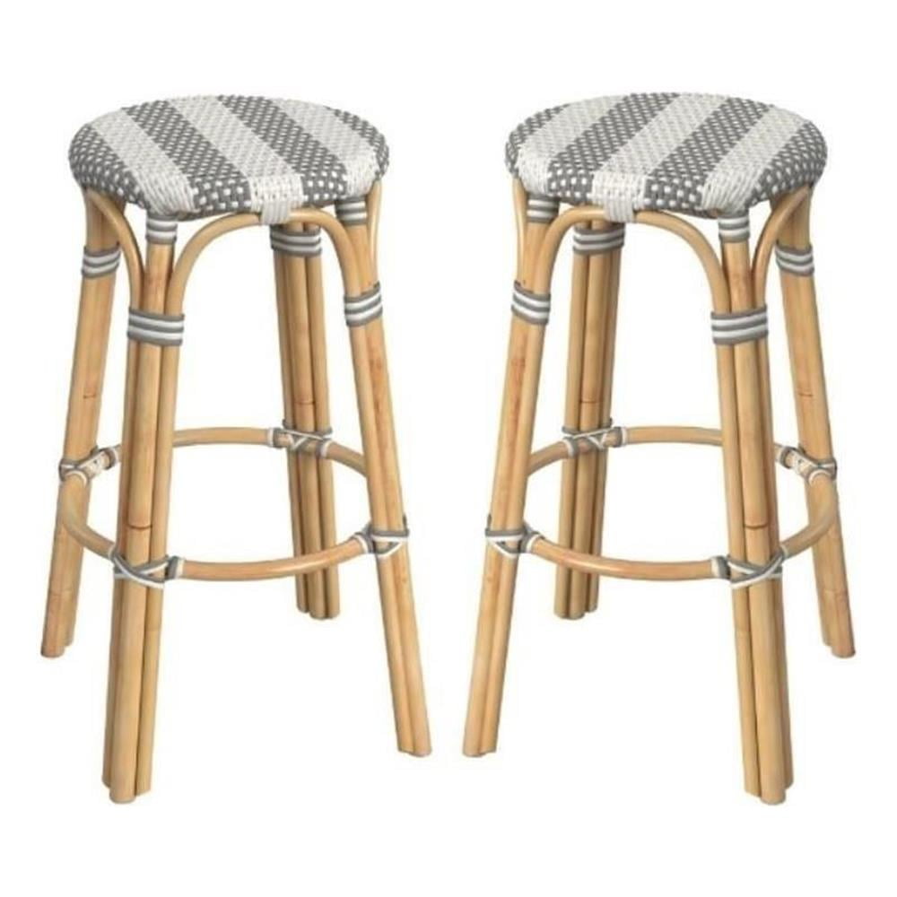 Home Square 30" Round Rattan Bar Stool in Gray & White Stripe - Set of ...