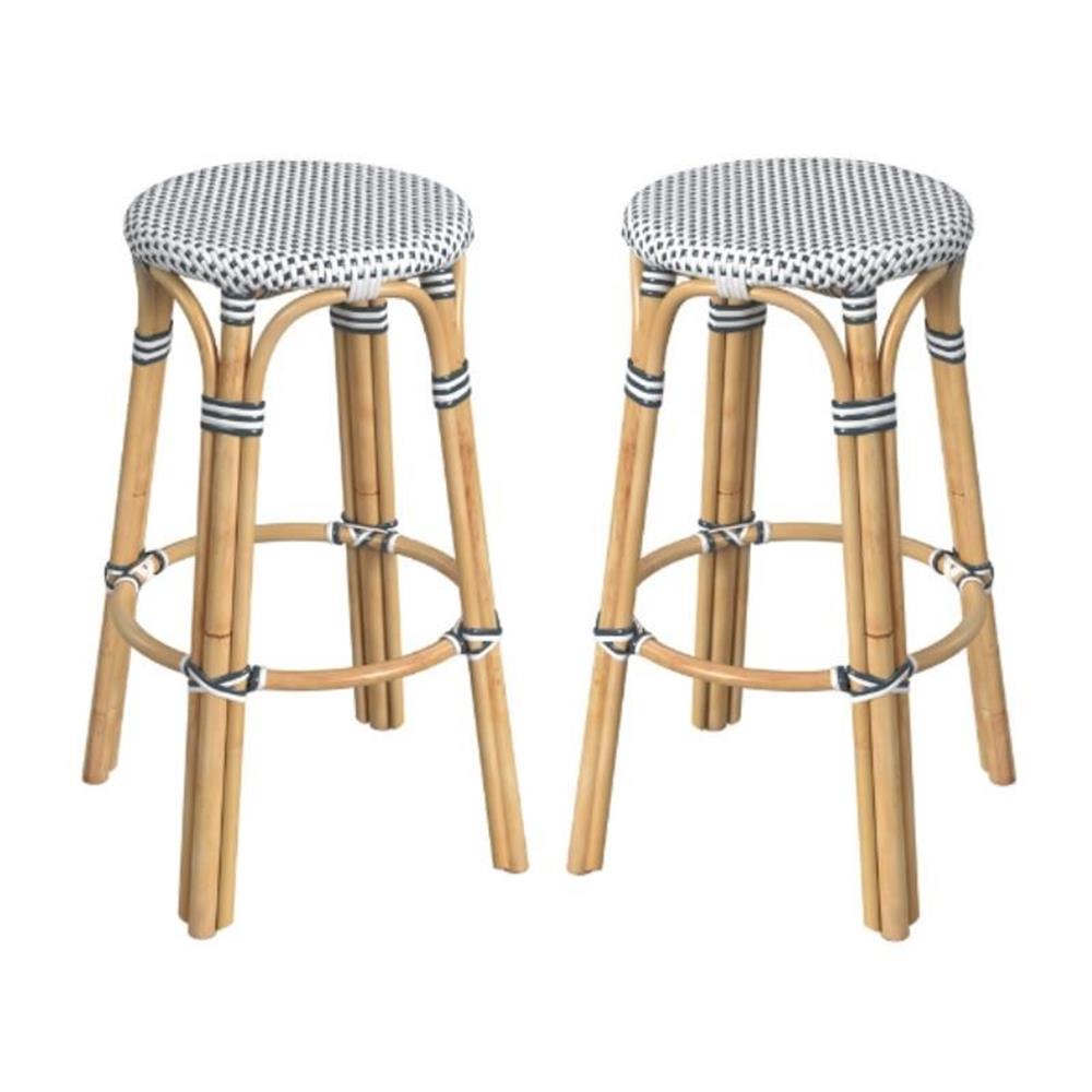 Home Square 30" Round Rattan Bar Stool in White and Navy Dot - Set of 2 ...