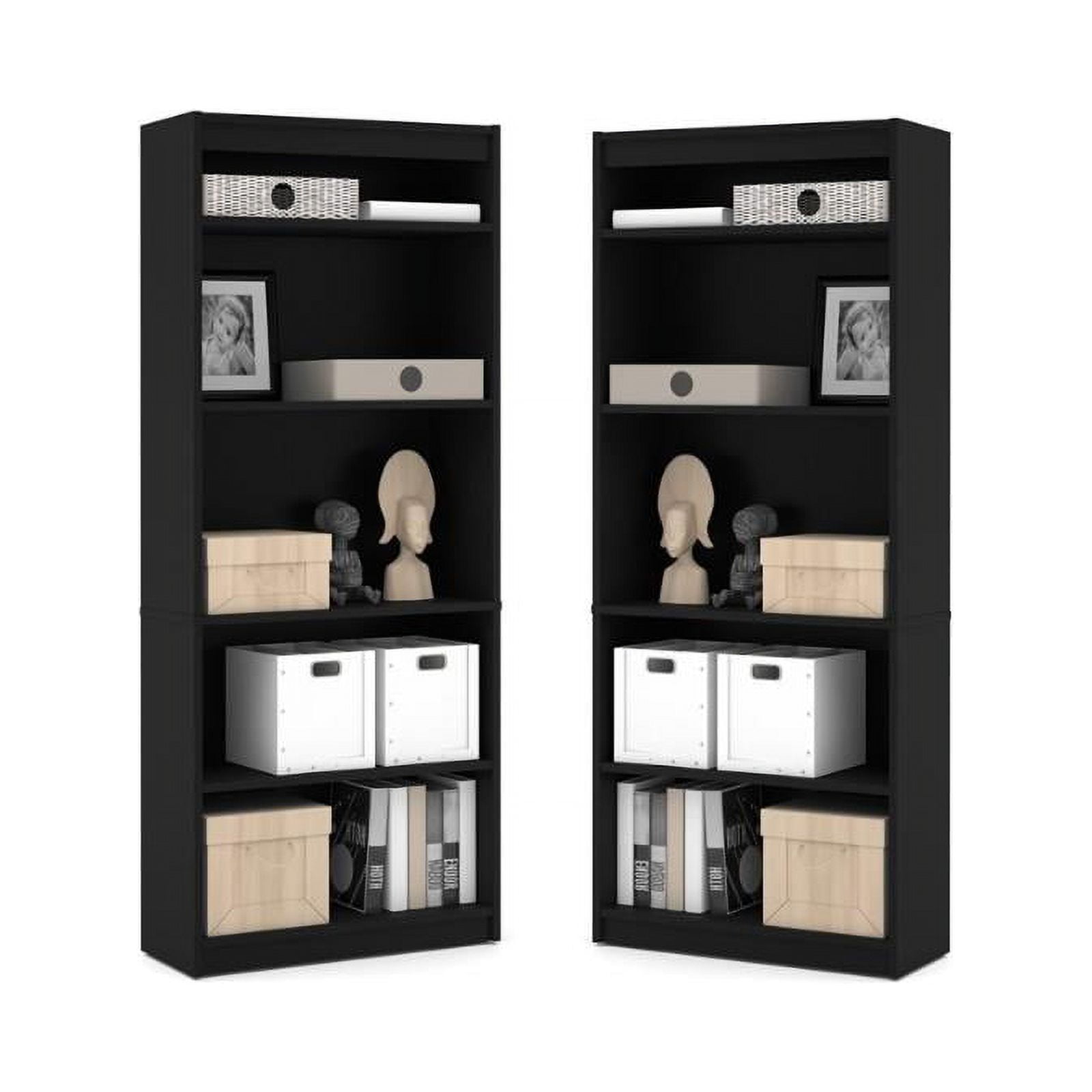 Home Square 5 Shelf Traditional Wood Bookcase Set in Black (Set of 2 ...