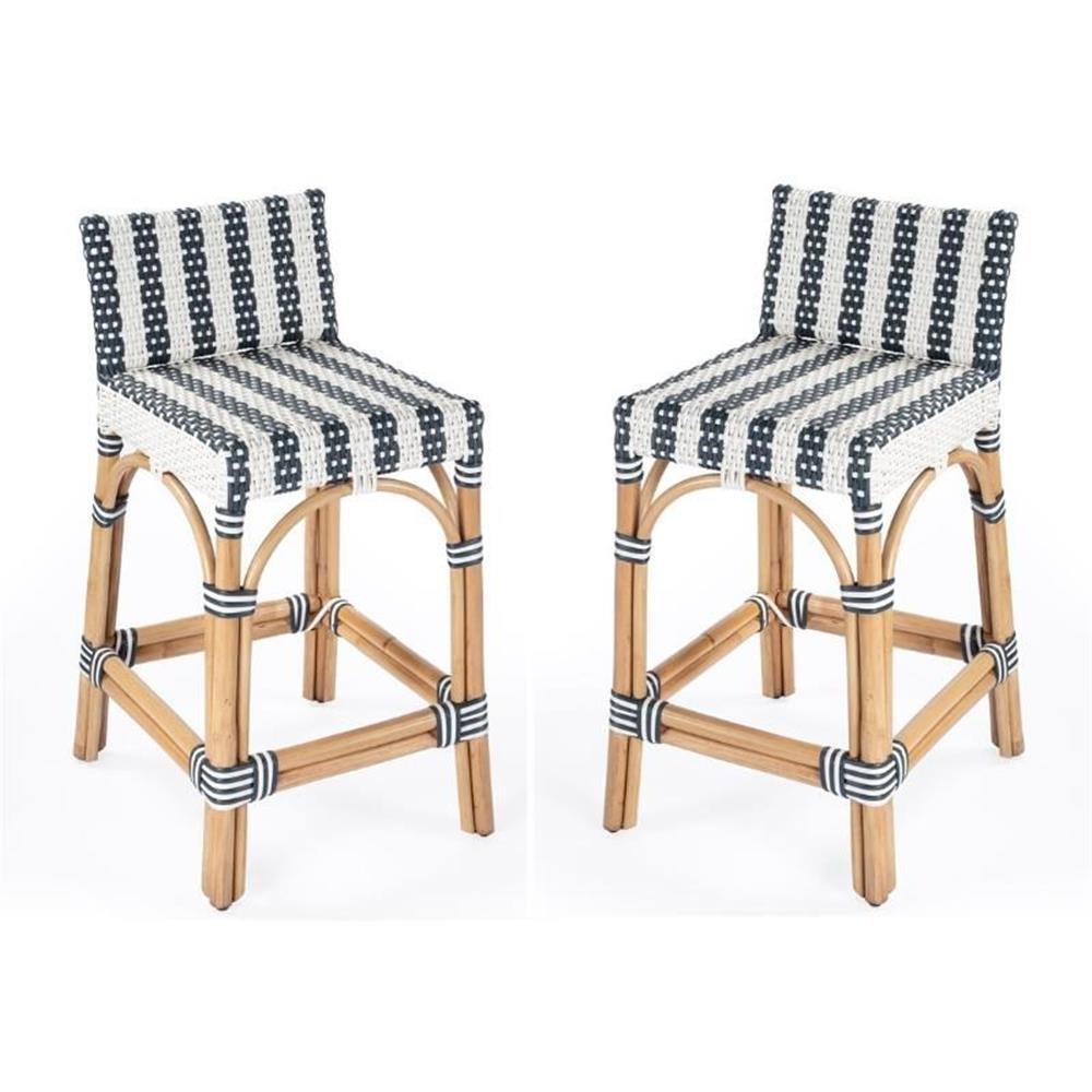 Home Square Blue & White Rattan Low Back Counter Stool - Set of 2 ...
