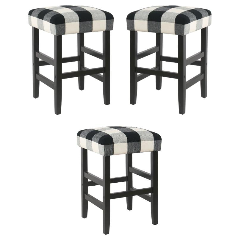 Home Square Buffalo Plaid Wooden Counter Stool in Black & White - Set ...