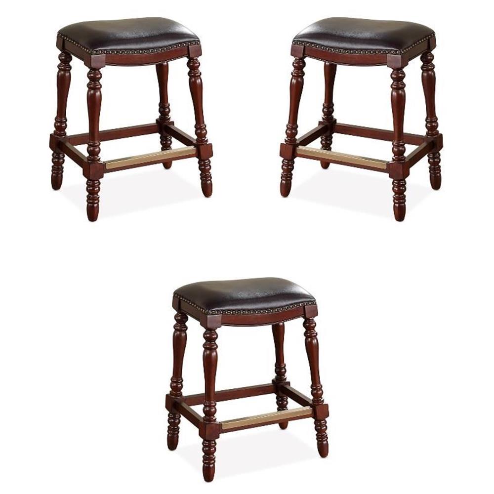 Home Square Faux Leather Saddle Seat Counter Stool in Brown - Set of 3 ...