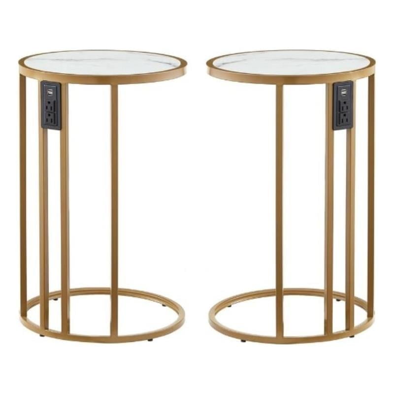 Home Square Faux Marble & Metal Base End Table in White and Gold - Set ...