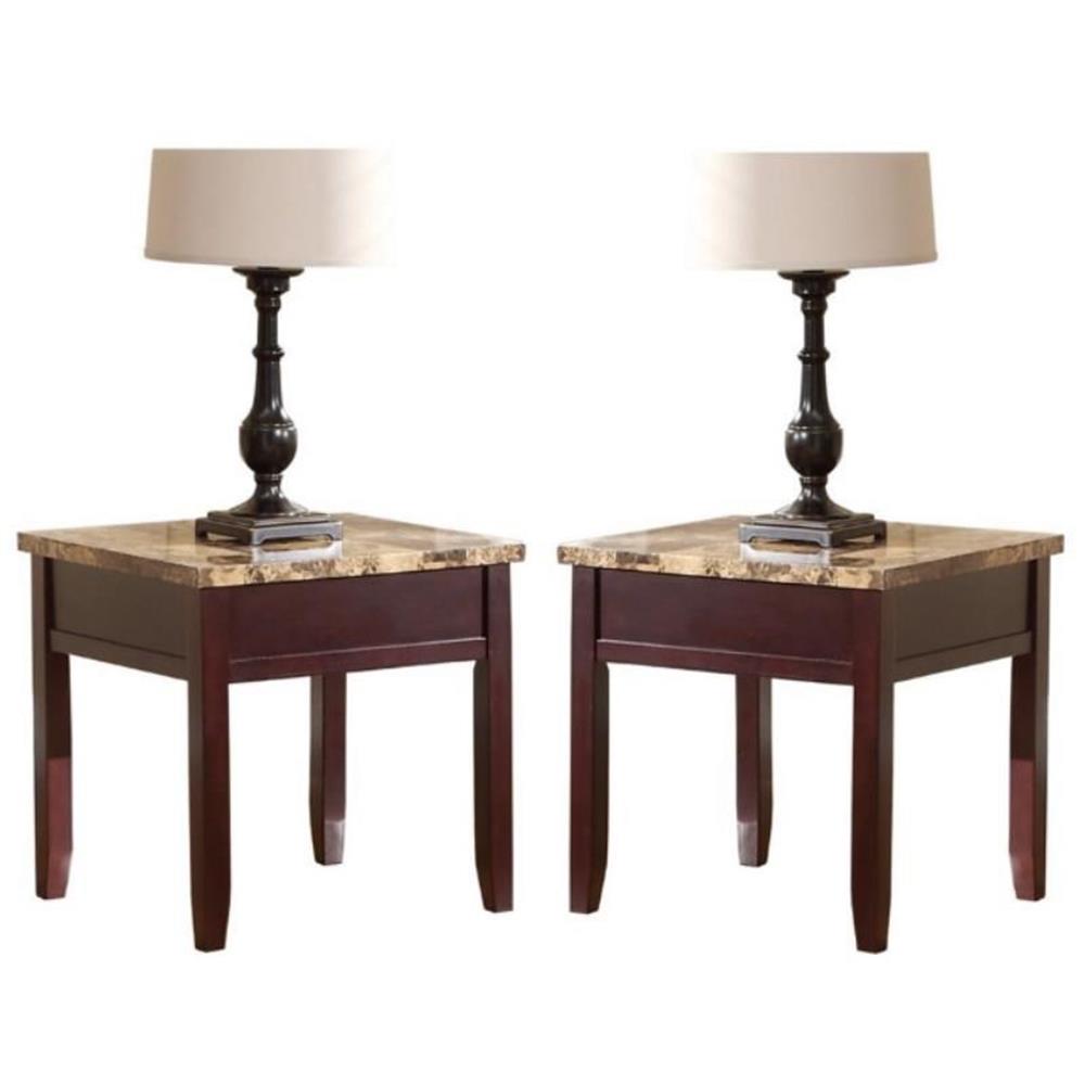 Home Square Faux Marble Top End Table in Dark Cherry - Set of 2 ...
