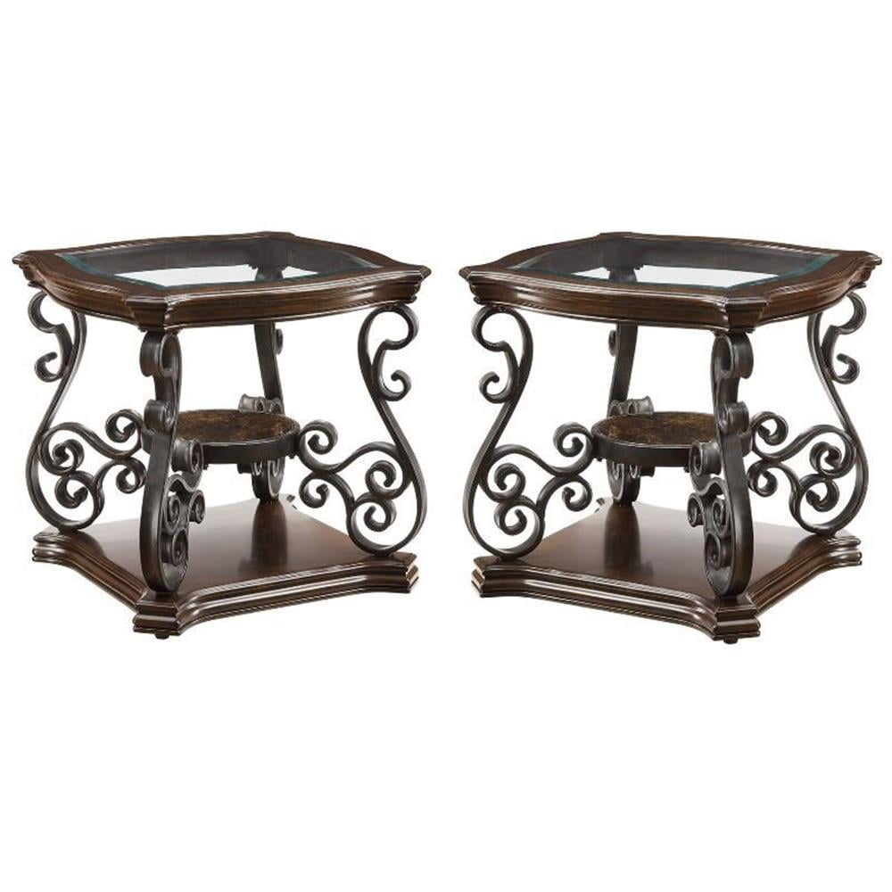 Home Square Set of 2 Round Glass Top Accent End Tables in Deep Merlot ...