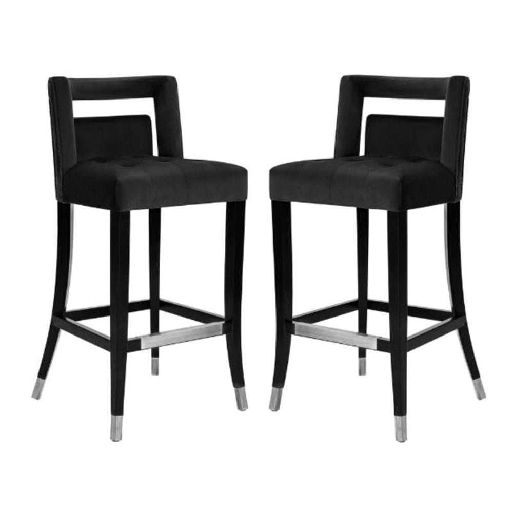 Home Square Hart 30.3" Velvet and Birch Bar Stool in Black - Set of 2 ...
