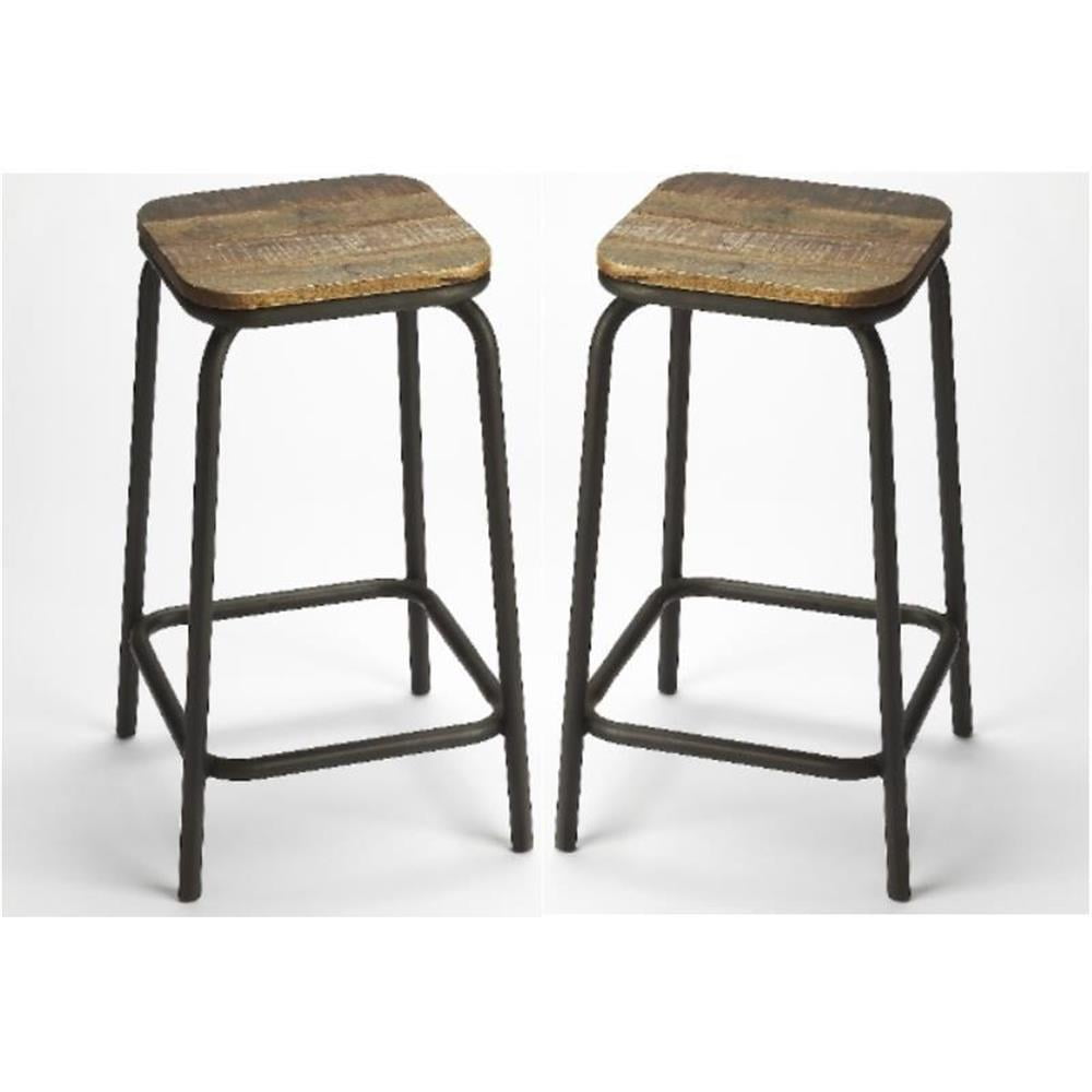 Home Square Iron and Wood Square Bar Stool in Natural - Set of 2 ...