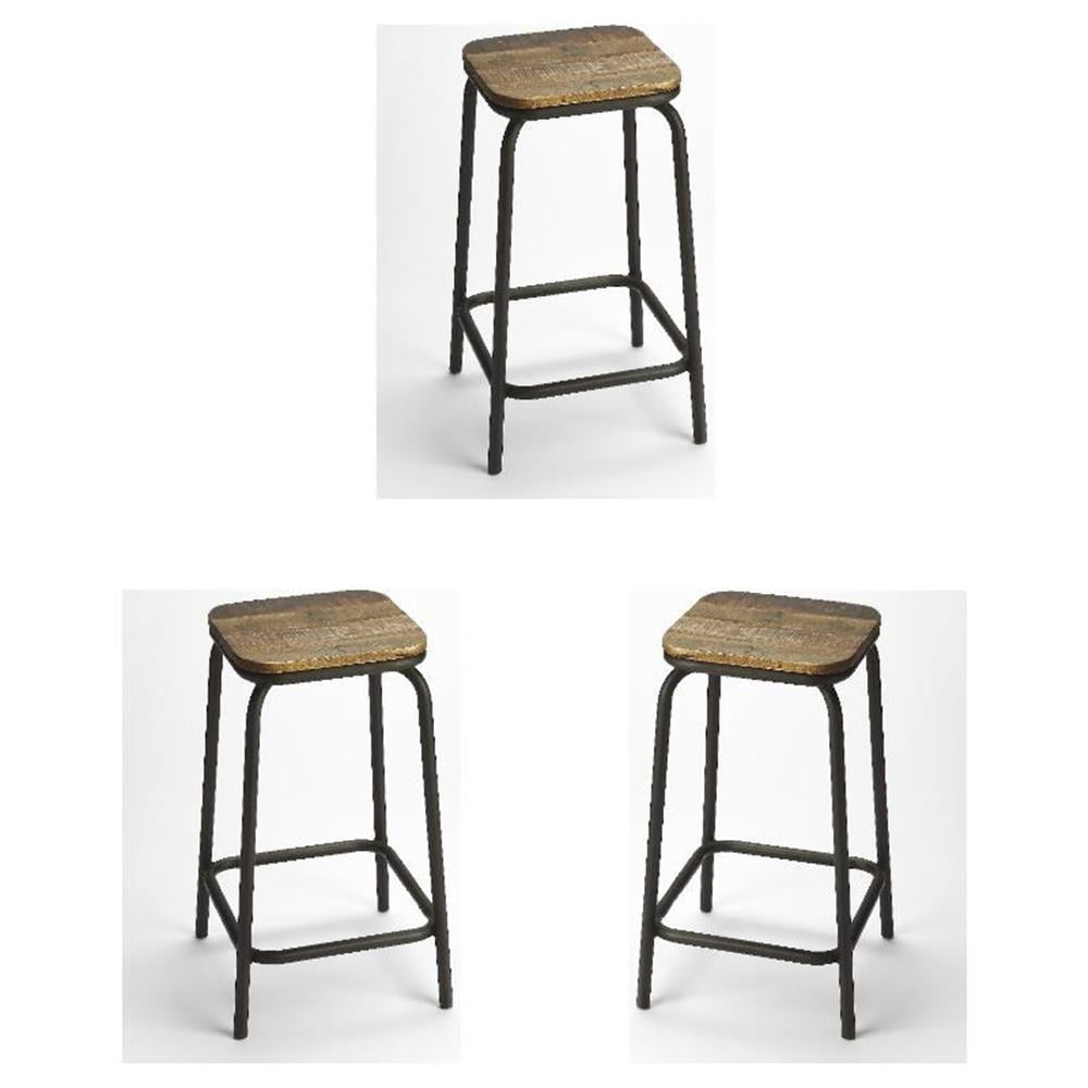 Home Square Iron and Wood Square Bar Stool in Natural - Set of 3 ...