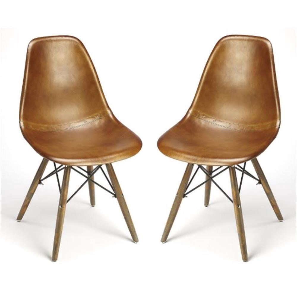 Home Square Leather & Mango Wood Side Chair in Brown - Set of 2 ...