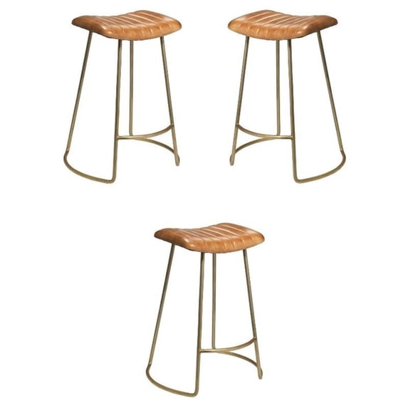 Home Square Leather and Iron Counter Stool in Brown & Gold - Set of 3 ...