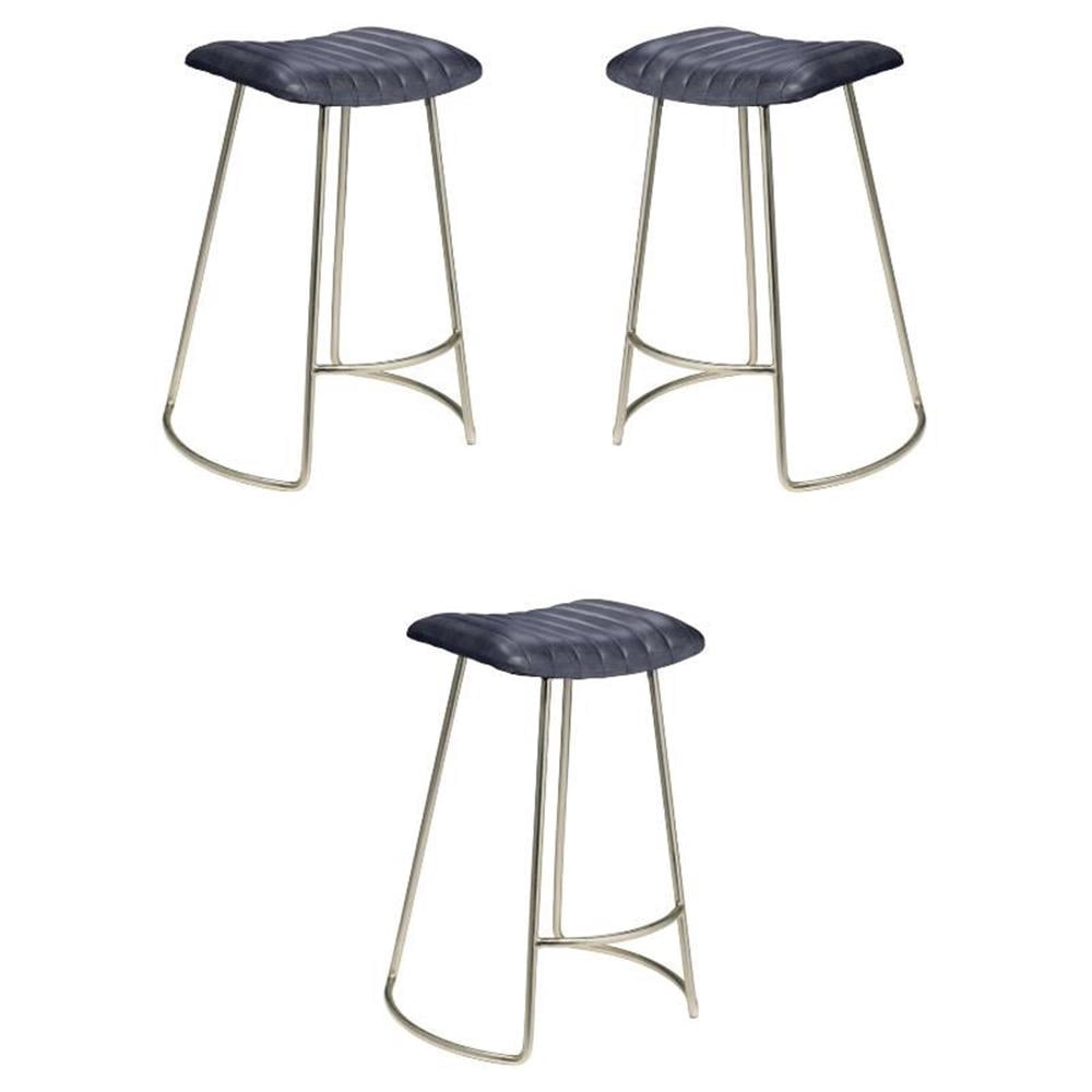 Home Square Leather and Iron Counter Stool in Gray & Nickel - Set of 3 ...